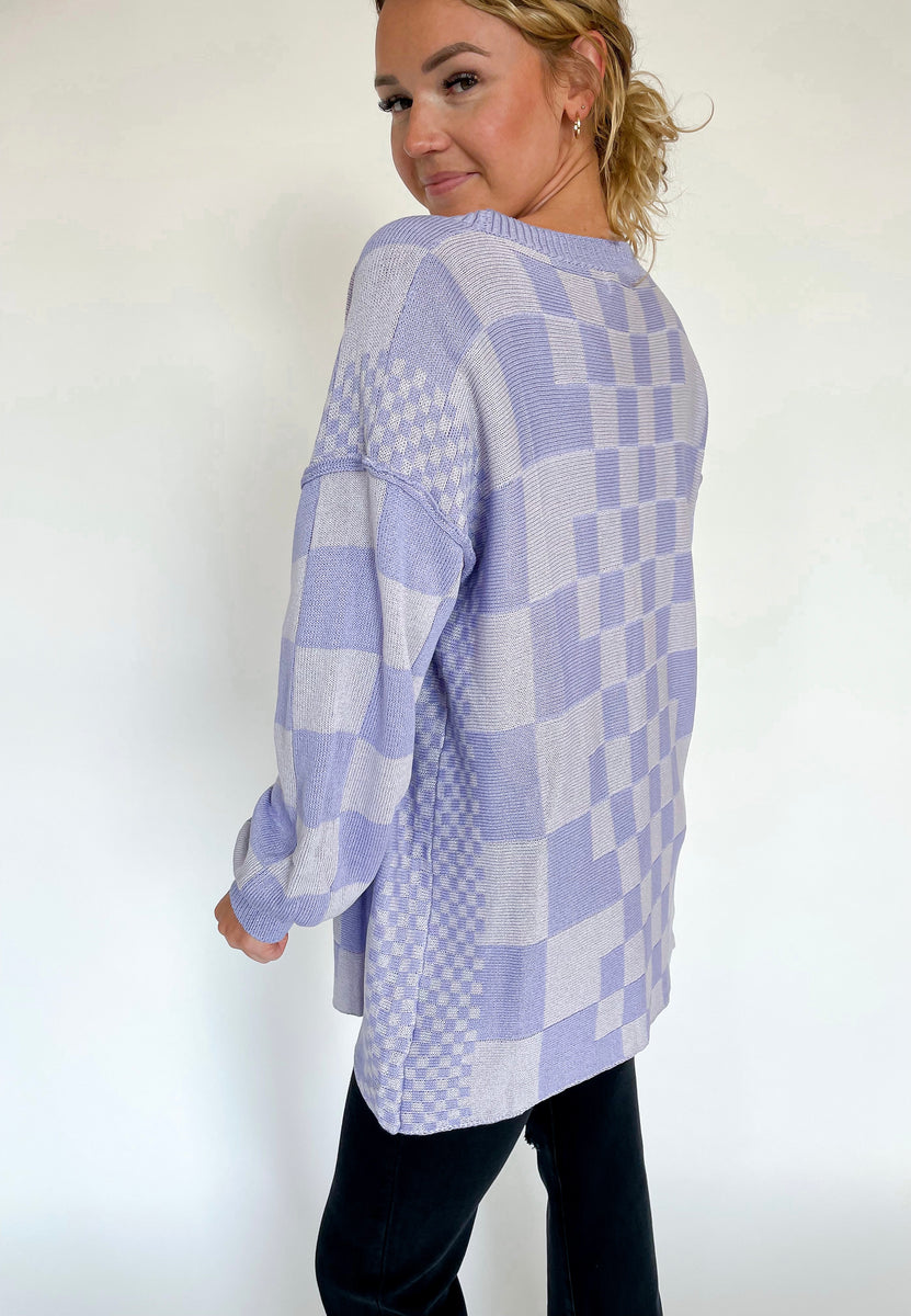 Checkerboard Cardi // Lavender – Mabel & Lou Boutique